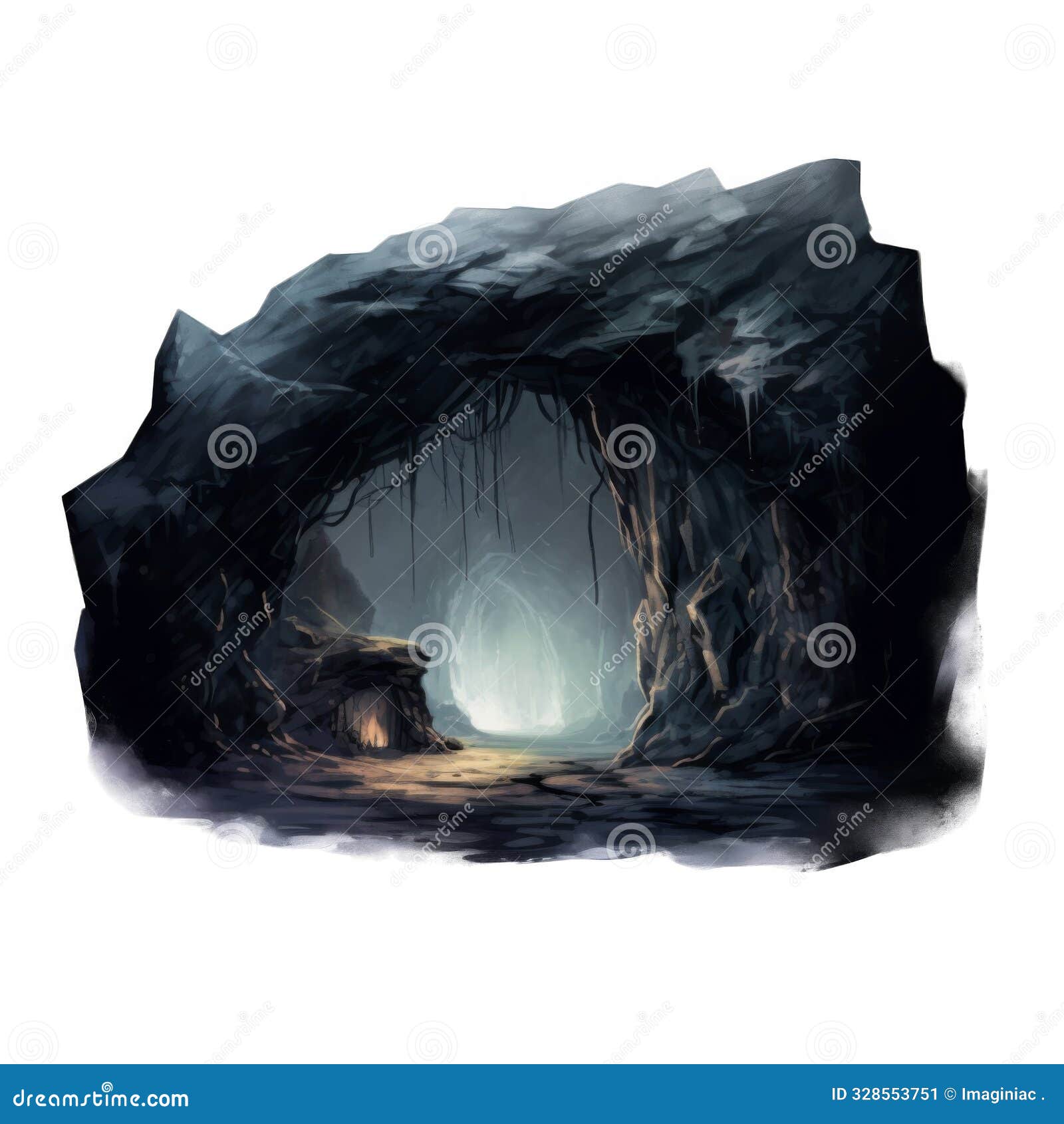 A Dark Cave Entrance with a Glowing Light at the End of a Path Stock ...