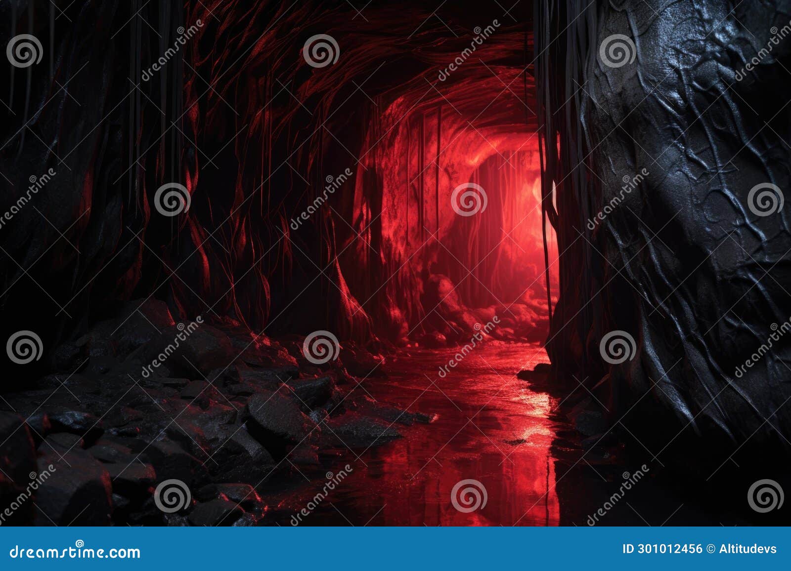 Dark Cave Entrance with Glowing Red Light Inside Stock Illustration ...