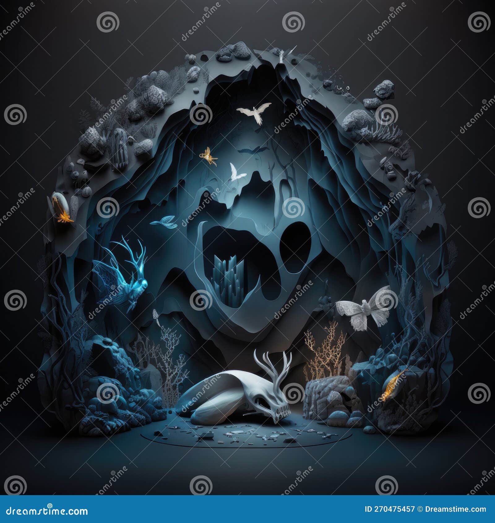 Dark Cave Filled with Mysterious Creatures Podium, Empty Showcase for ...