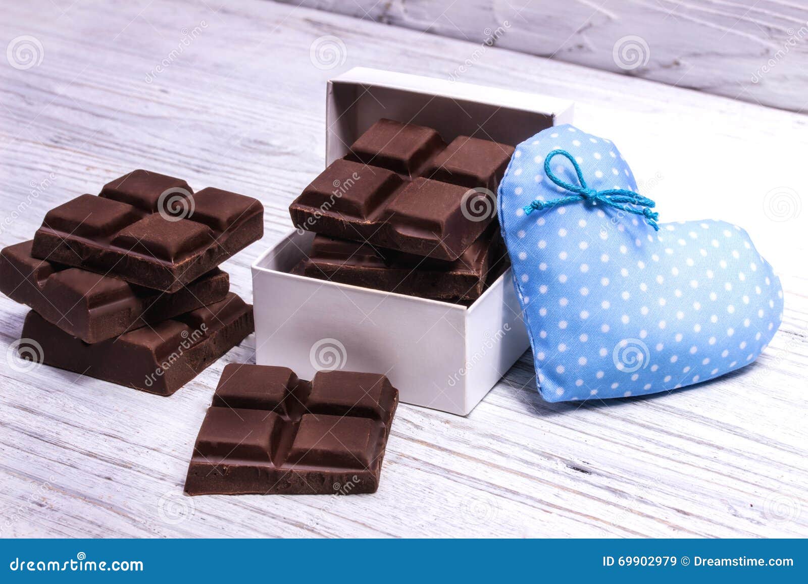 Dark Chocolate Bars and Blue Heart Stock Image - Image of dessert ...