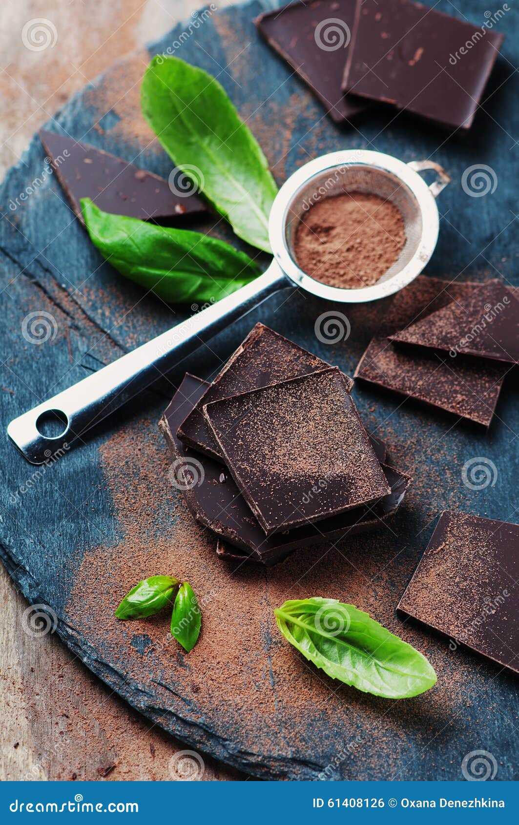 Dark chocolate with basil stock photo. Image of pieces - 61408126