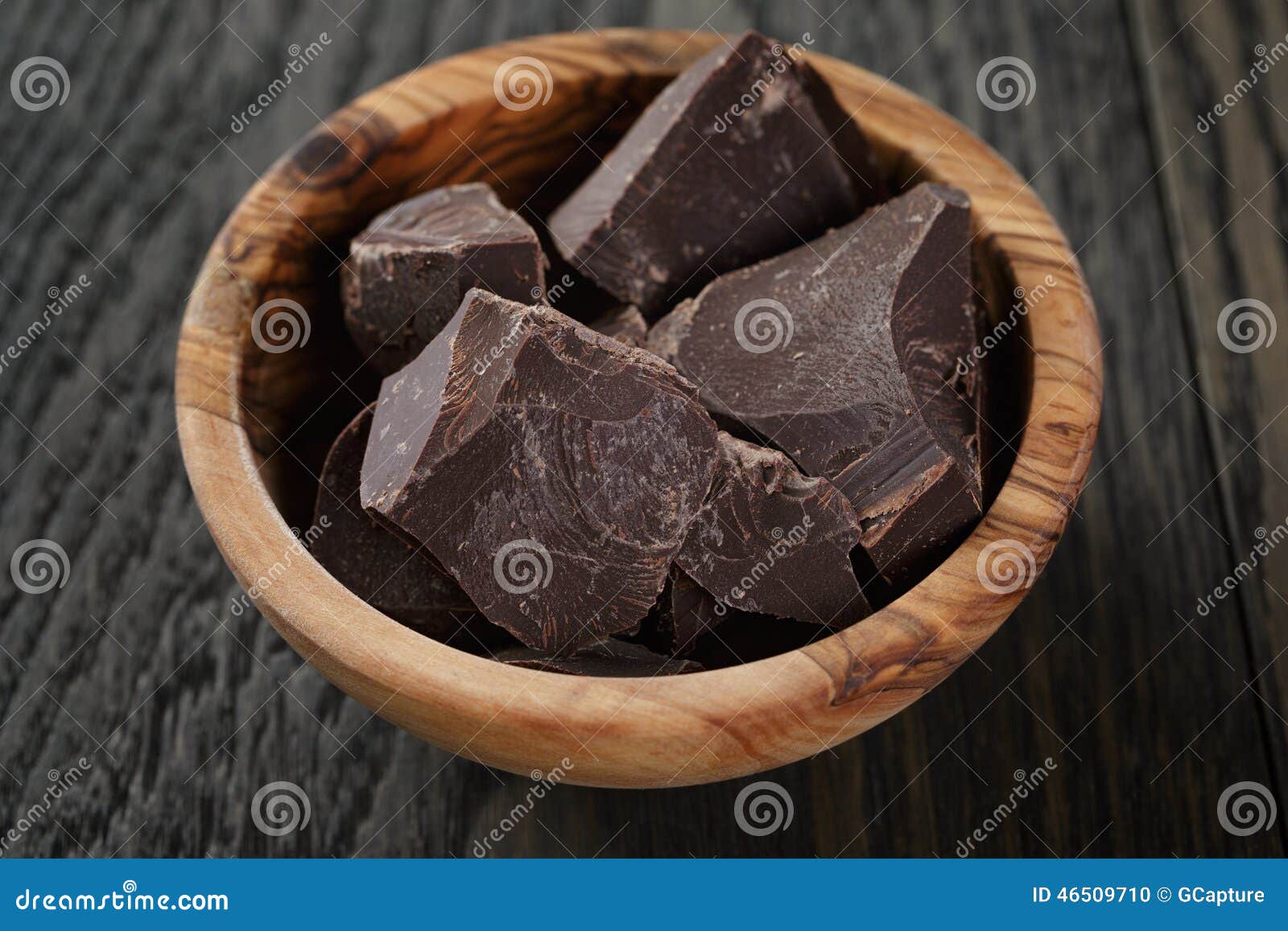 Dark Chocolate Chunks in Wooden Bowl Stock Photo - Image of parts ...