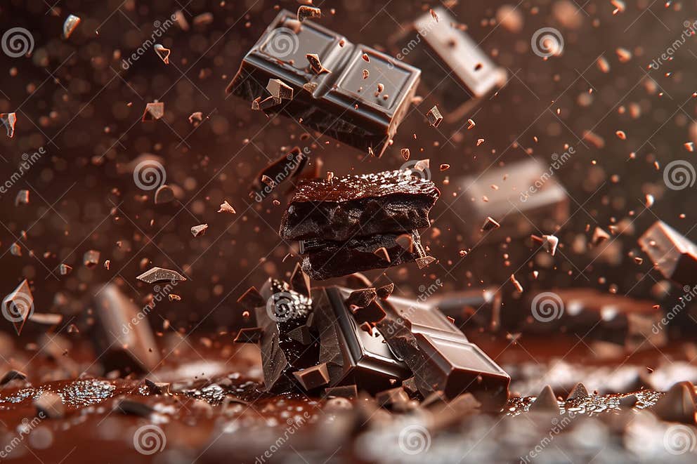 Dark Chocolate Pieces Falling on a Brown Surface Stock Image - Image of ...