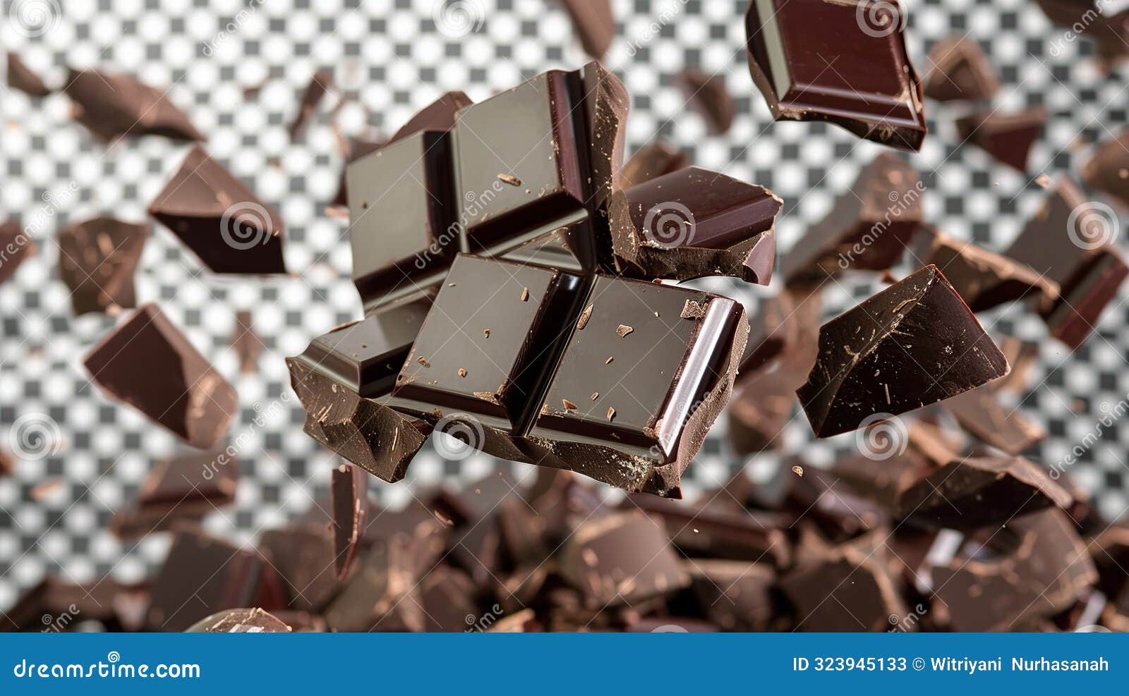 Dark Chocolate Pieces Falling on a Checkered Background Stock Illustration - Illustration of ...
