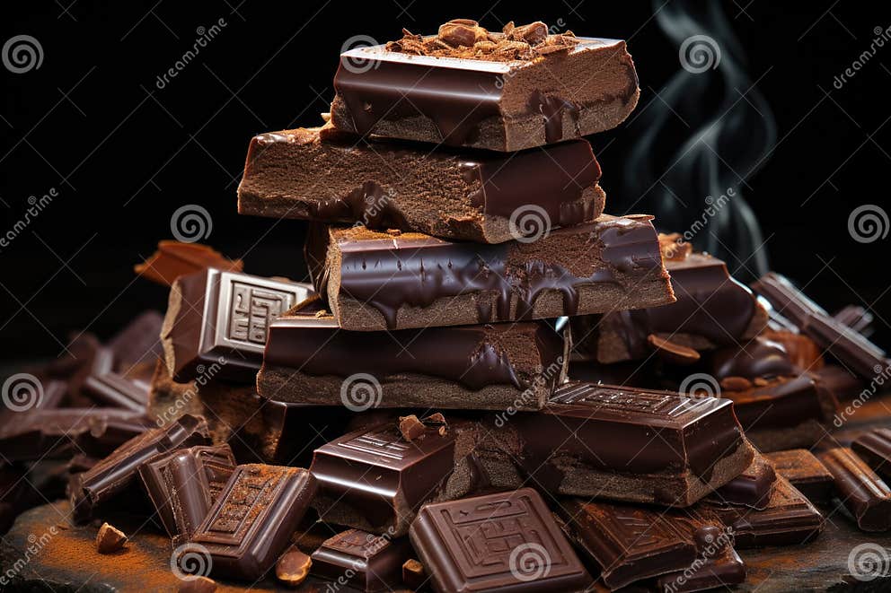 Dark Chocolate Stack and Chocolate Chocolates Topping on a Bla Stock ...