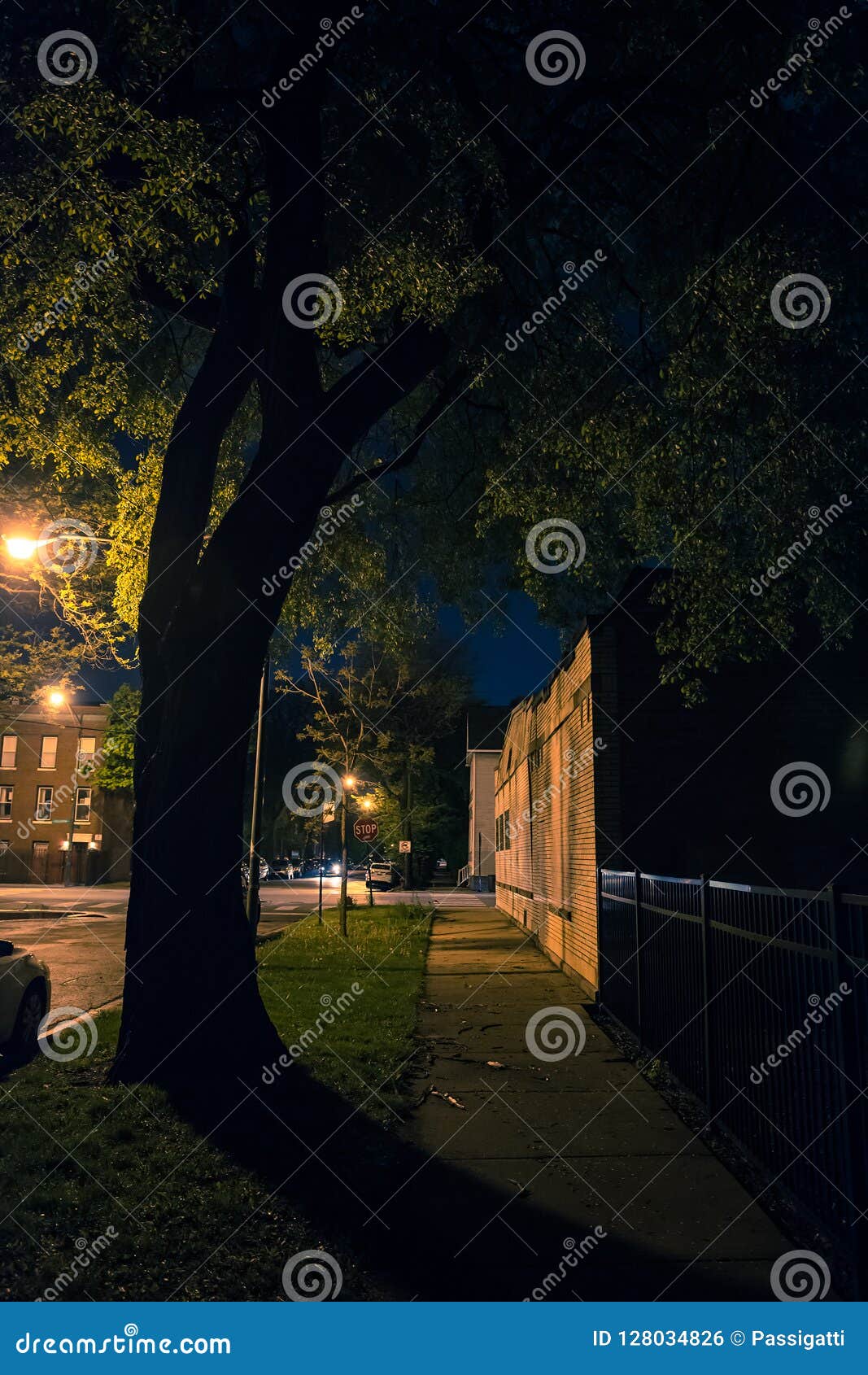 Dark City Street Sidewalk at Night Stock Photo - Image of outdoor ...