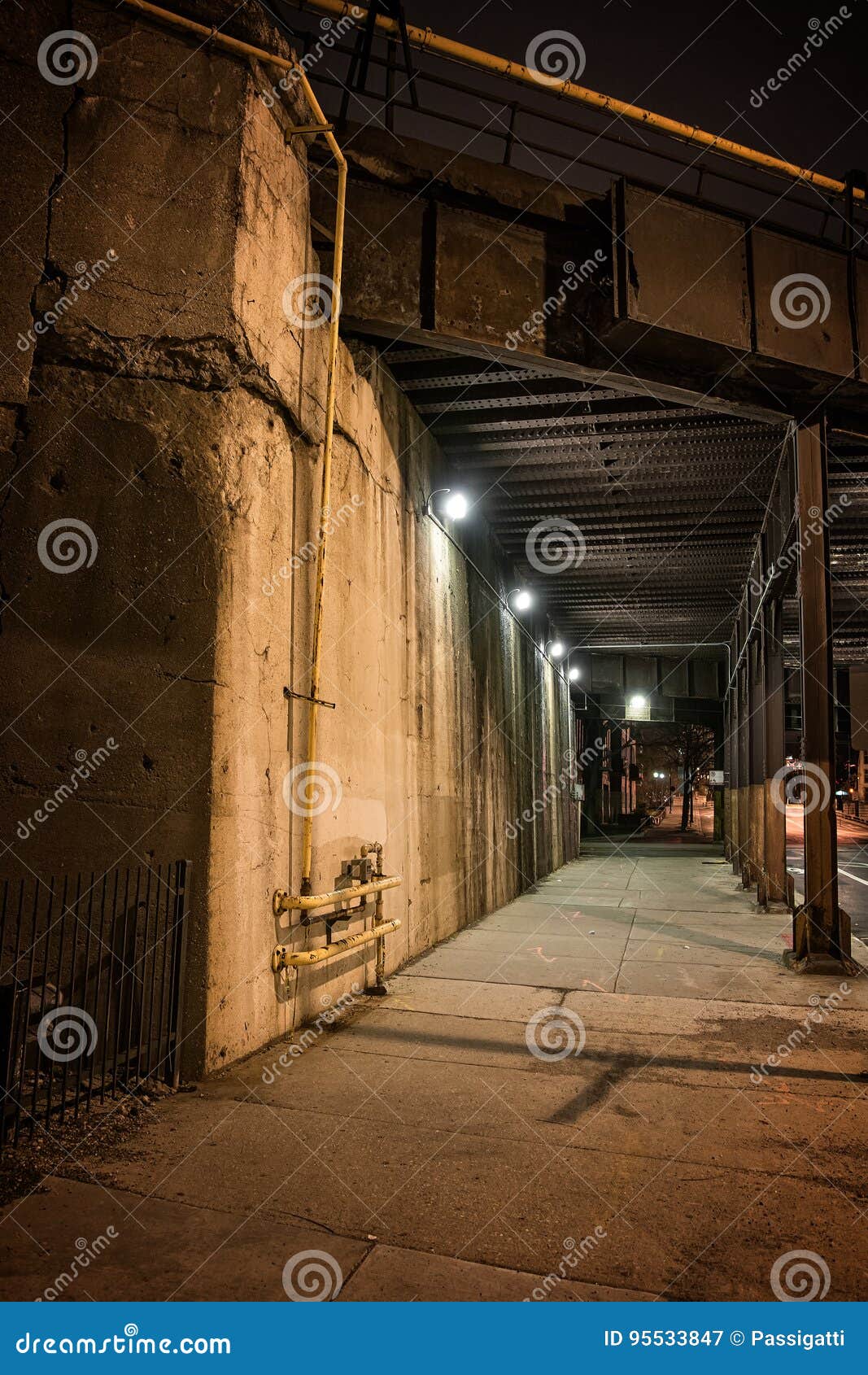Dark City Train Underpass Sidewalk at Night Stock Image - Image of ...