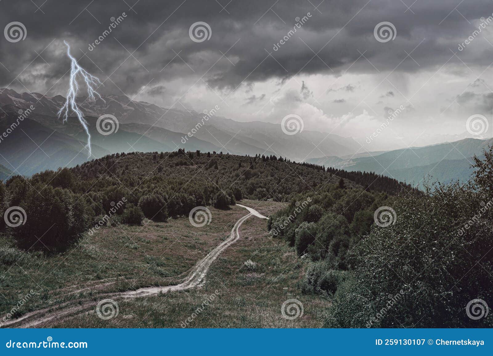 Dark Cloudy Sky with Lightnings Over Field, Plants, Trees and Mountains ...