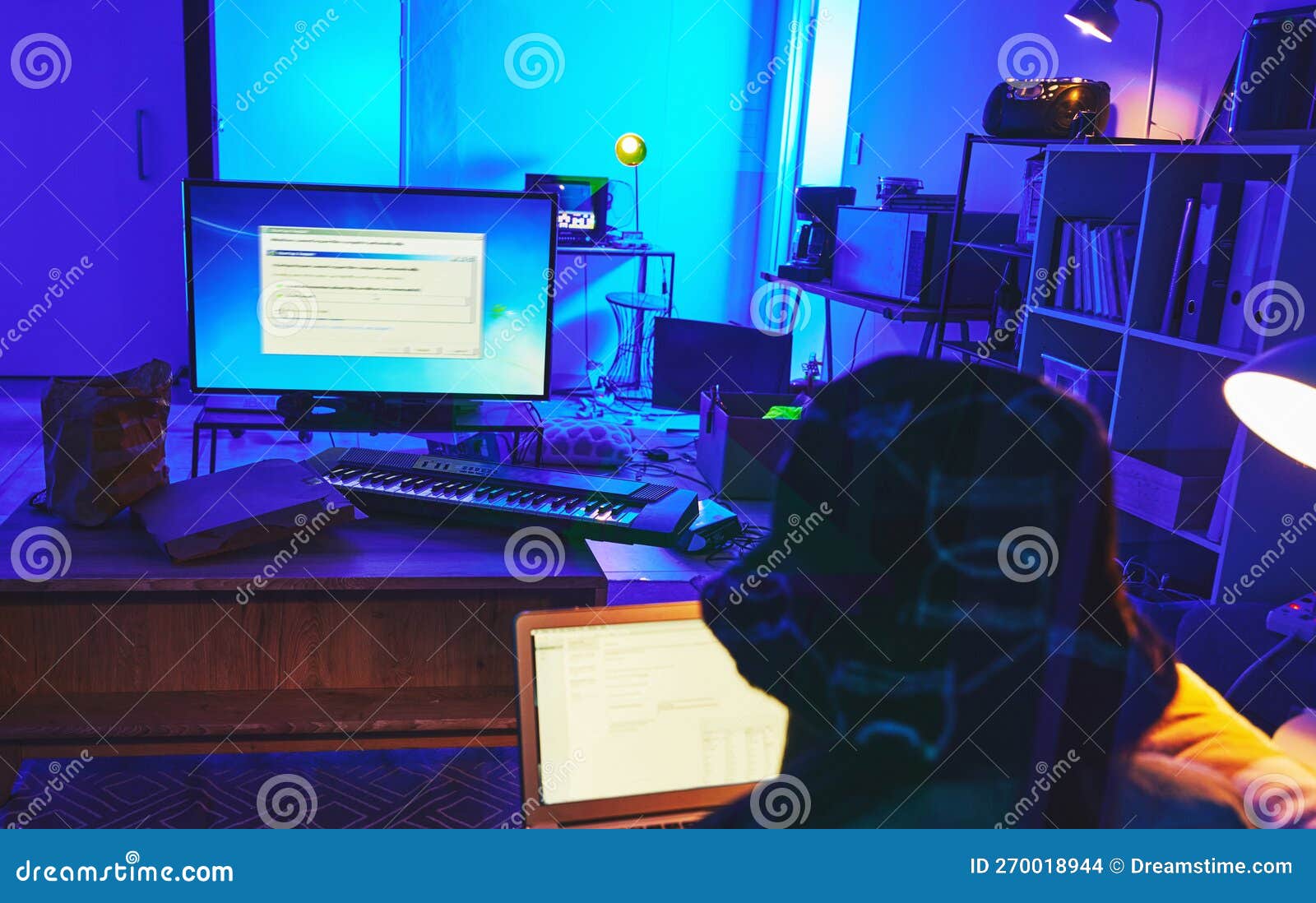 Dark Coding And Woman With A Computer For Hacking Data Thief And Stealing Database Information