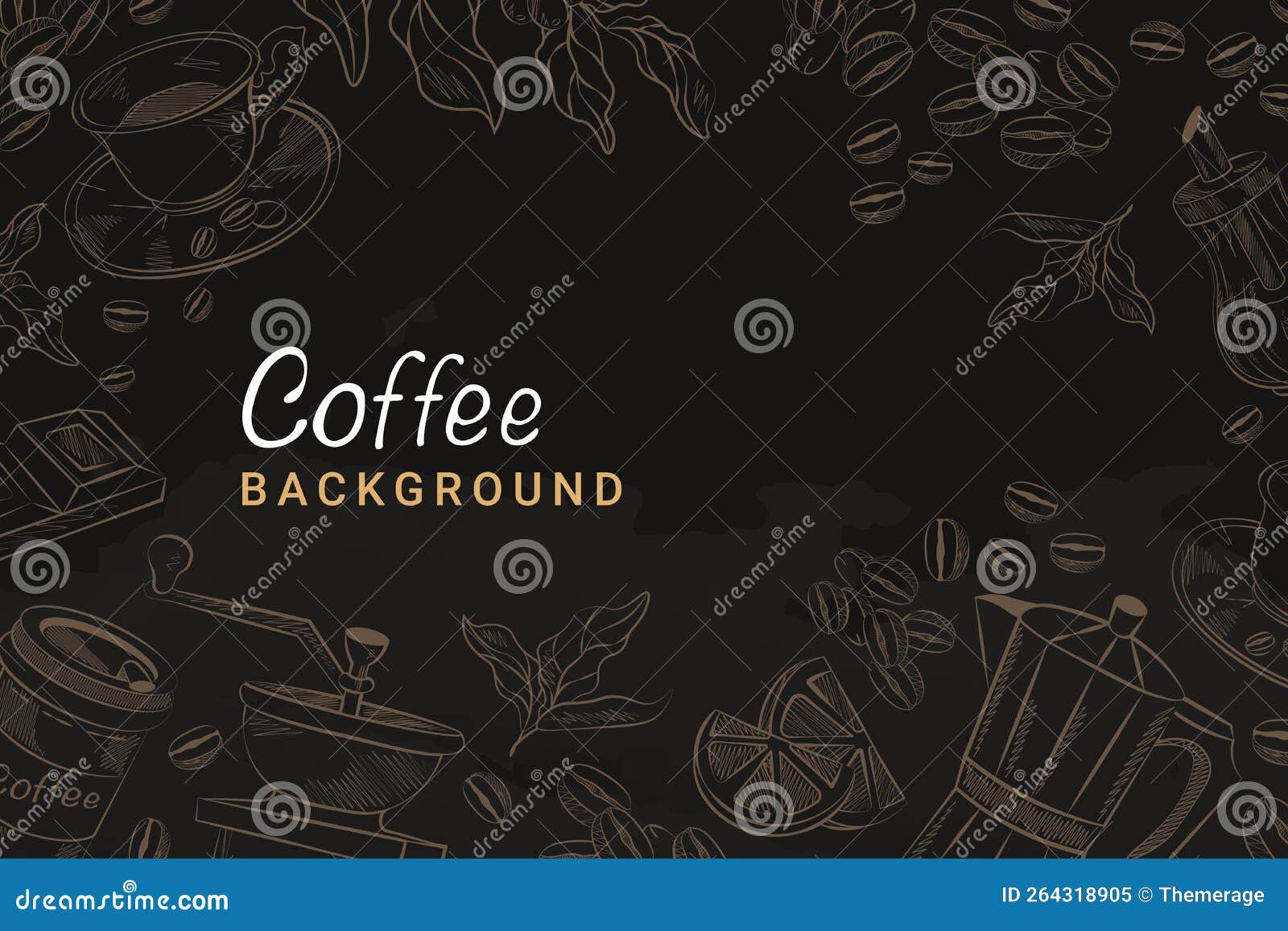 Dark Coffee Background with Hand Drawn Illustrations in a Circle Stock ...