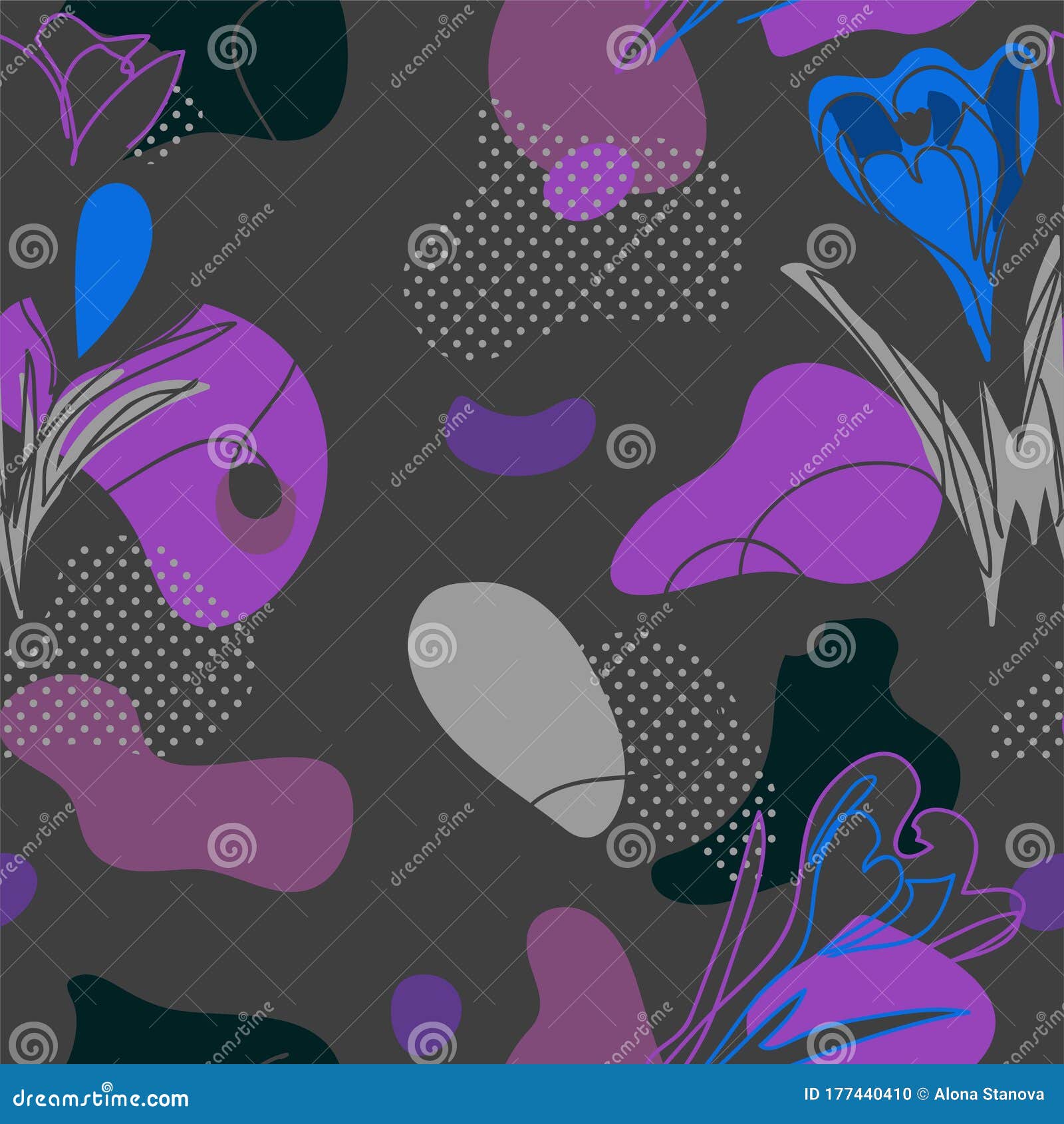 Dark, Colorful Vector Pattern with Flowers in Memphis Style. Stock ...