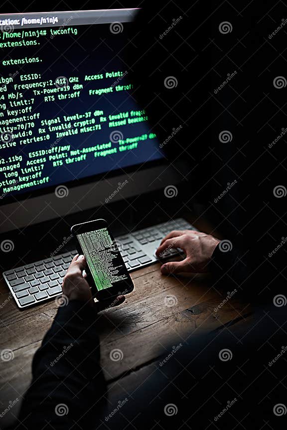 Dark, Computer and Hacker Phone with Coding for Password Info, Malware or Internet Crime. Screen ...