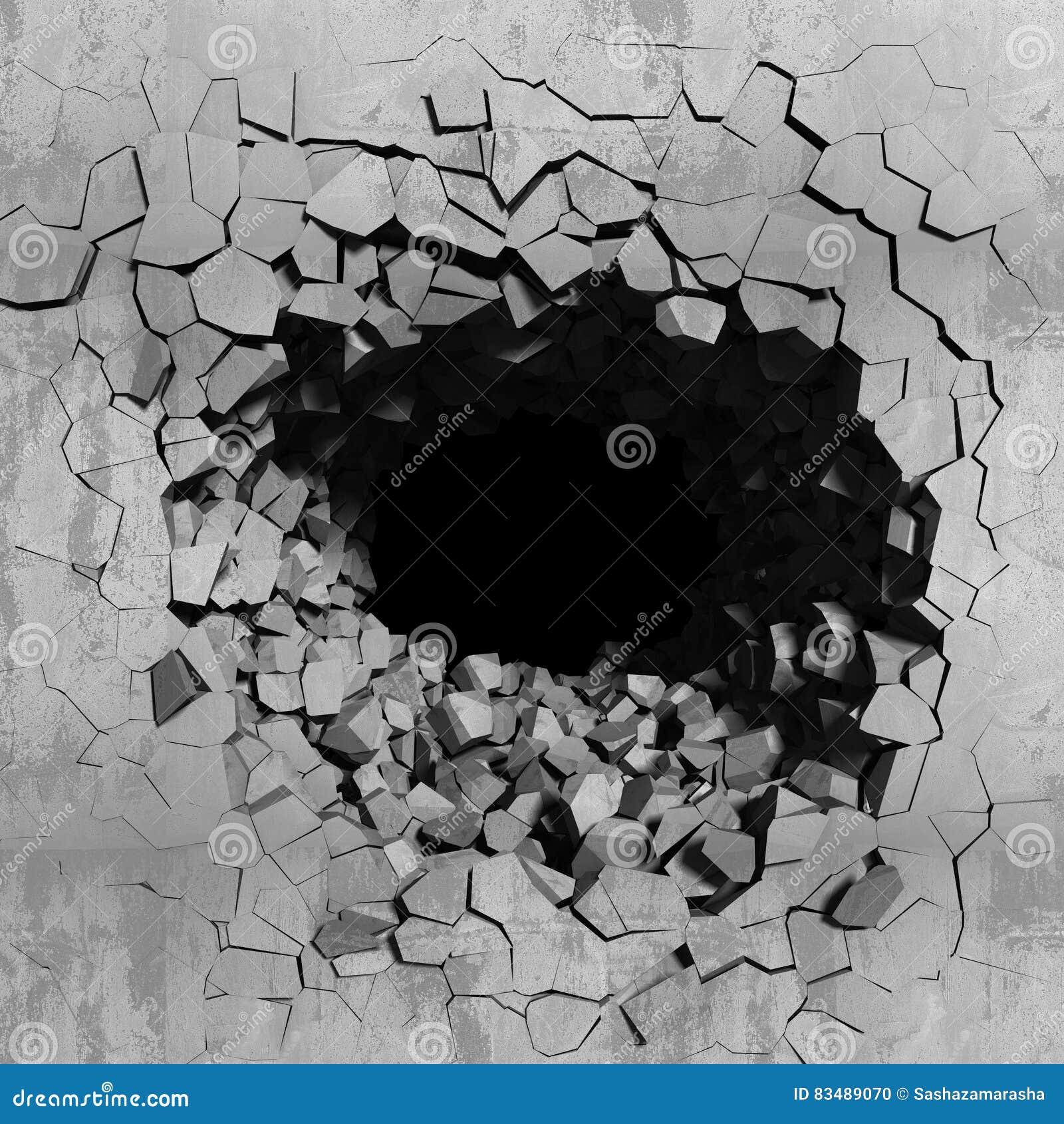 Dark Concrete Cracked Hole. Explosion Destruction of Wall Stock ...