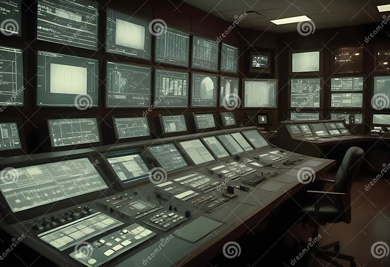 A Dark Control Room Filled with Numerous Screens Displaying Various ...