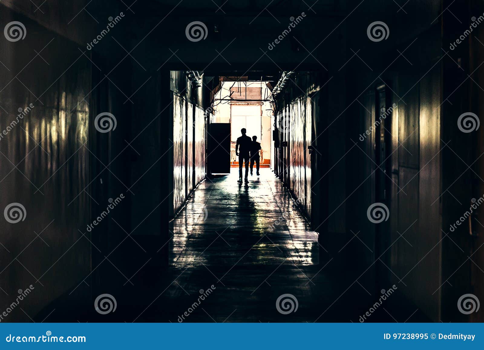 Dark Corridor in Building, Doors and Silhouettes of Two Man ...