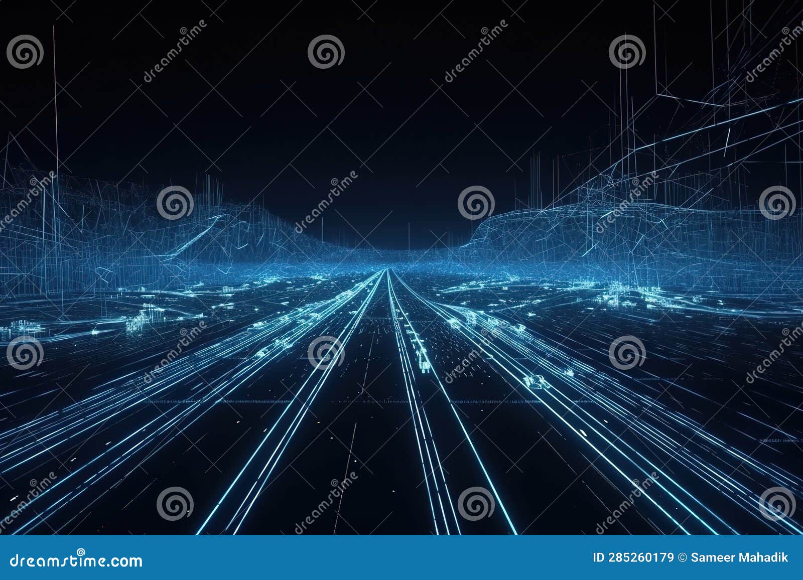 Dark Cyber Roads with Bright Neon Blue Boundaries. Generative AI Stock ...
