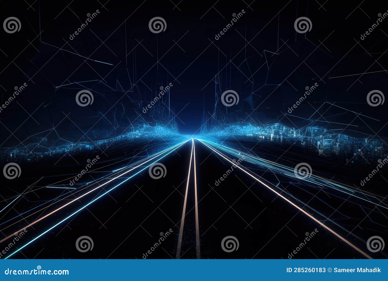 Dark Cyber Roads with Bright Neon Blue Boundaries. Generative AI Stock ...
