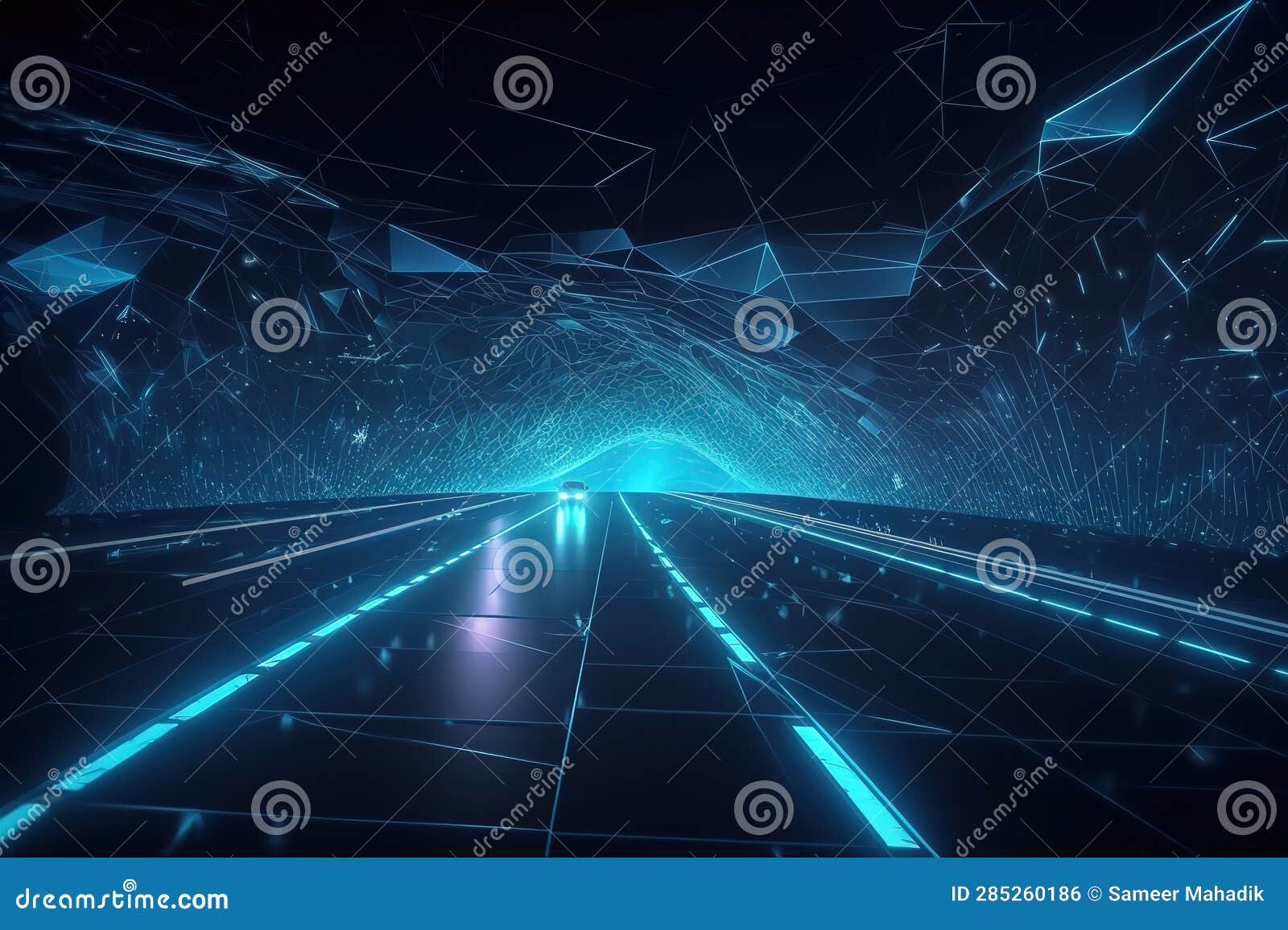 Dark Cyber Roads with Bright Neon Blue Boundaries. Generative AI Stock ...