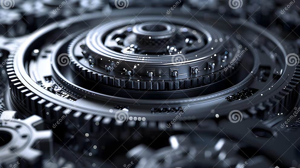 Dark 3D Render of Intricate Gear System Stock Illustration ...