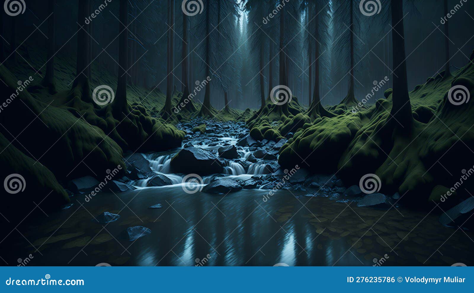 A Dark, Dense Mystical Forest with Tall, Dense Trees and a Swift Stream ...