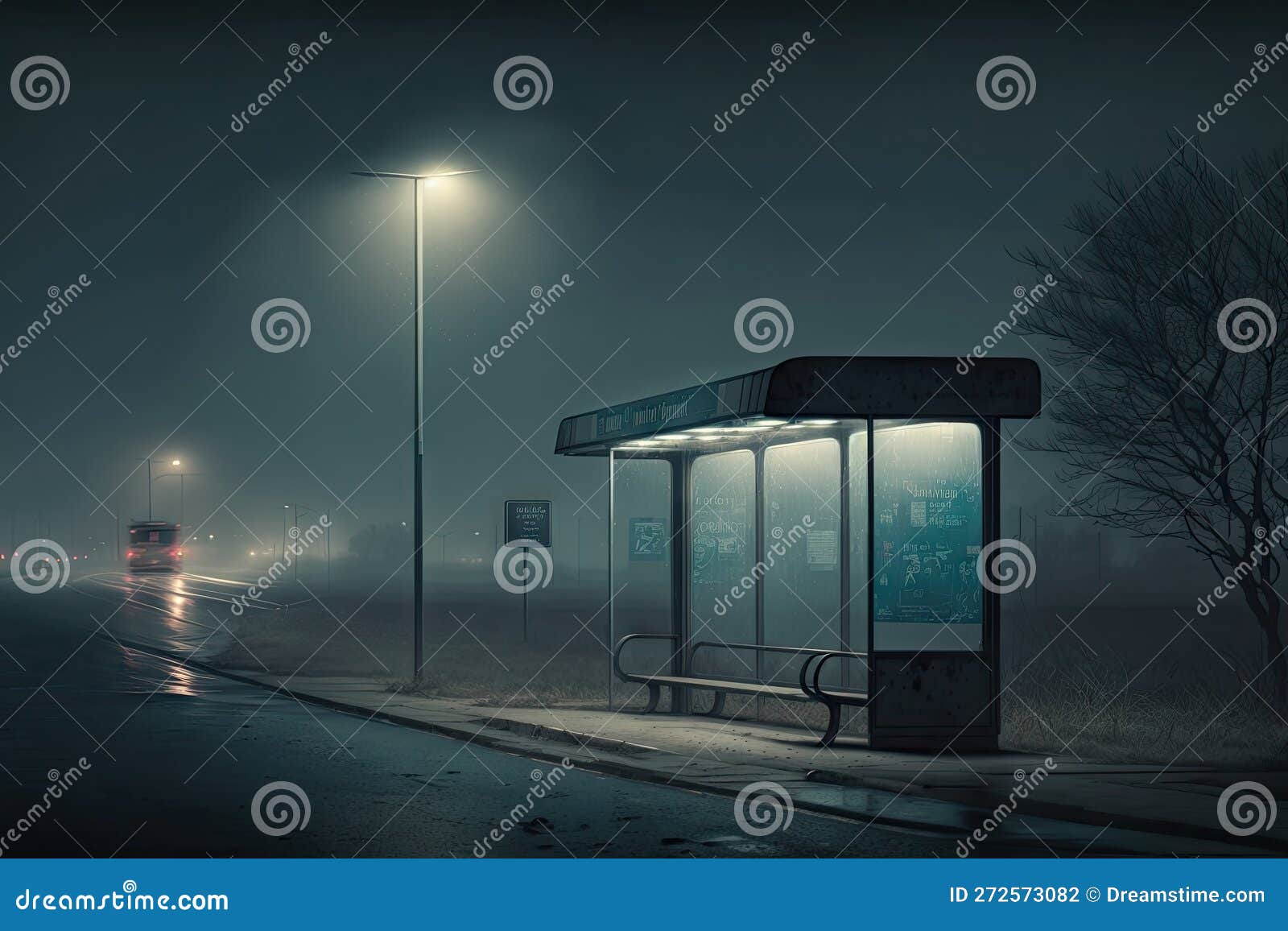 Dark and Desolate Bus Stop, with only a Few Streetlights Illuminating ...