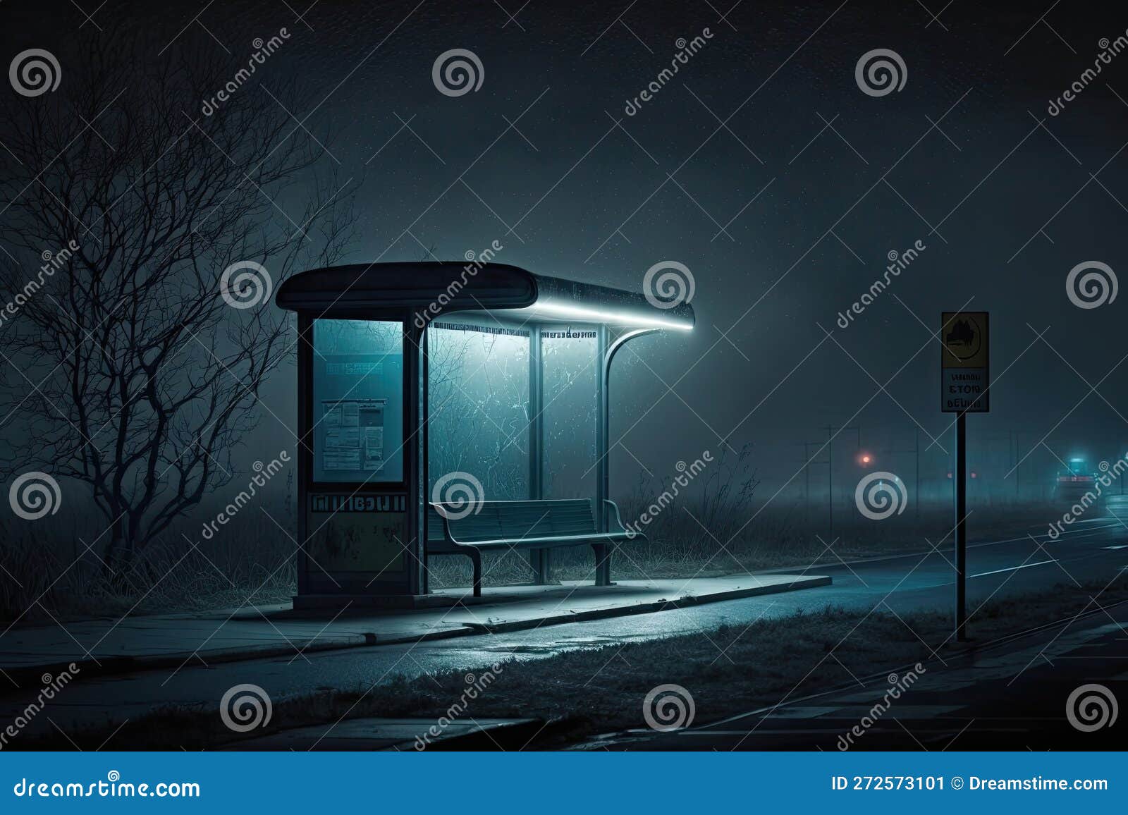 Dark and Desolate Bus Stop, with only a Few Streetlights Illuminating ...