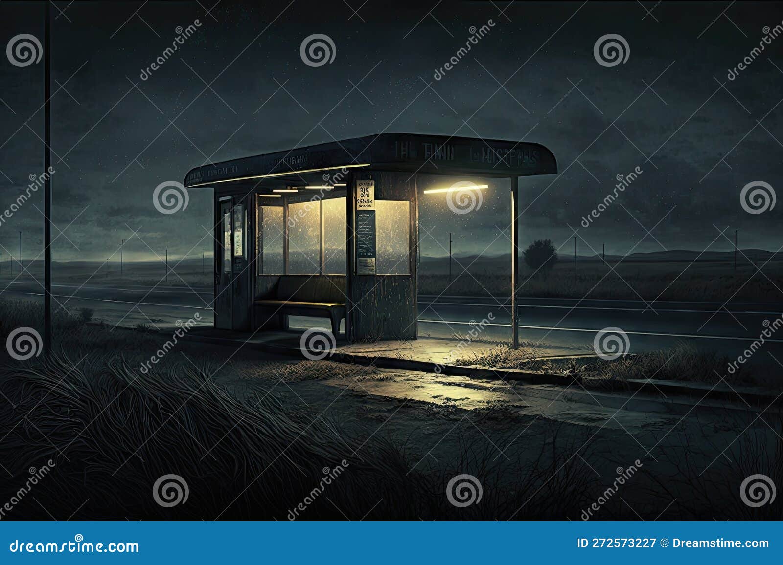 Dark and Desolate Bus Stop, with only a Few Streetlights Illuminating ...