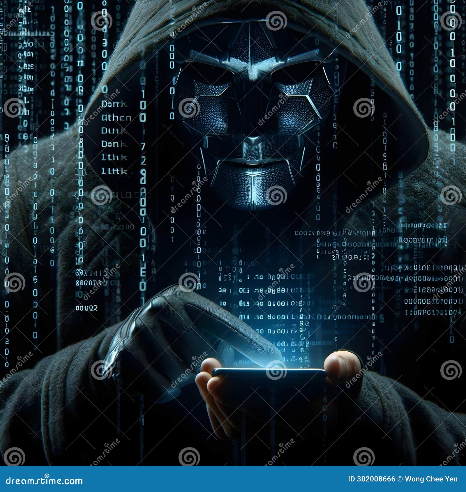 Dark Digital Matrix Rain Hooded Masked Hacker Scammer Using Smartphone ...