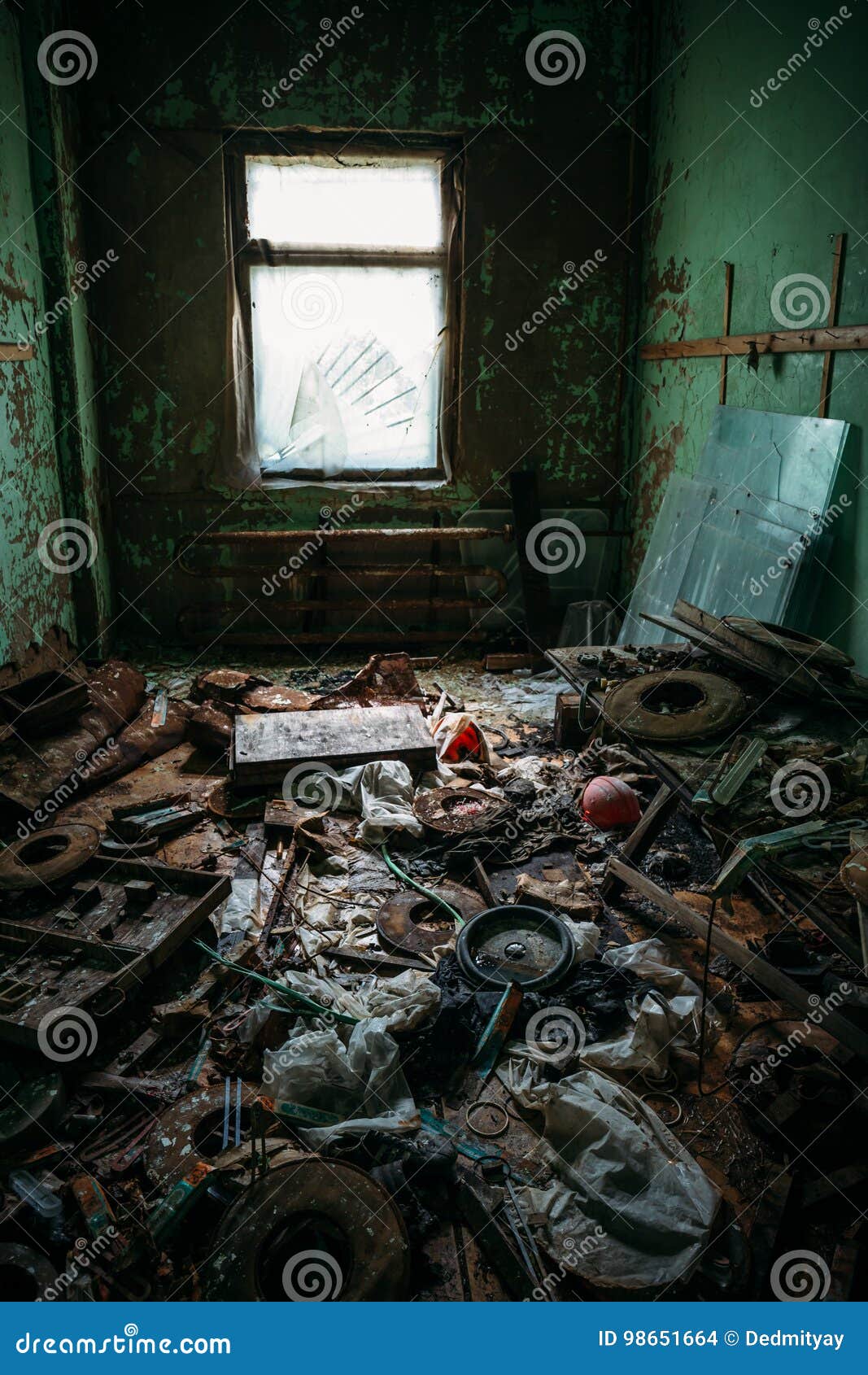 Dark Dirty Room with Garbage in an Abandoned Industrial Building, Toned ...