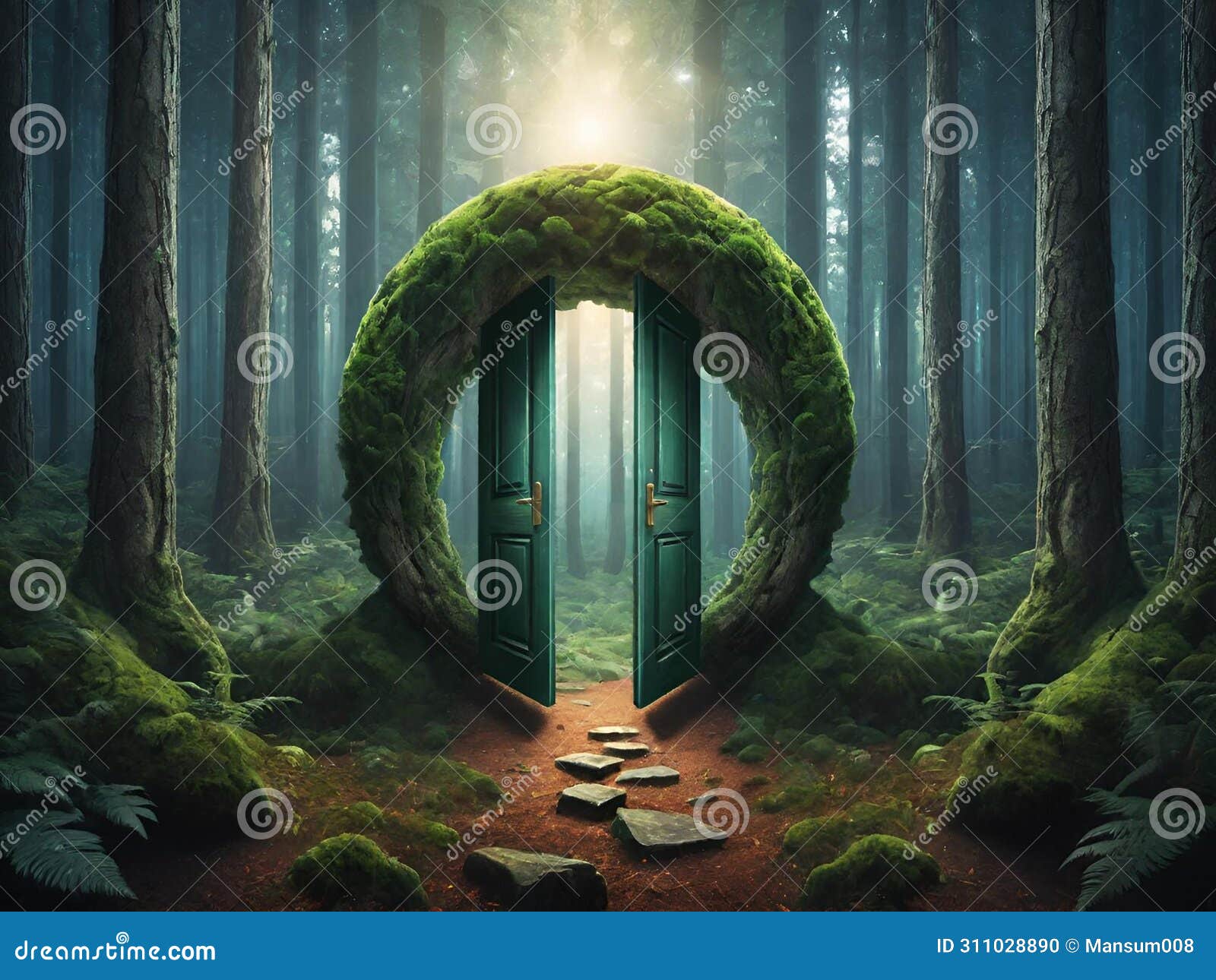 Dark Door with a Magical Forest, Mysterious, Fantasy Stock Illustration ...
