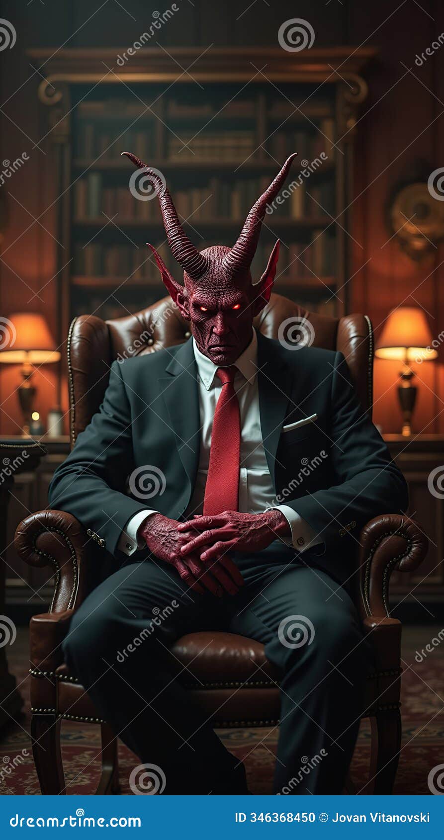 Demonic Figure in Business Suit with Red Tie in Dramatic Setting Stock ...