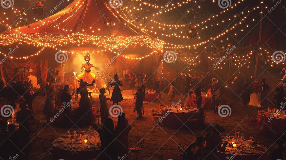 A Dark and Eerie Gathering Underneath String Lights in a Circus Tent ...