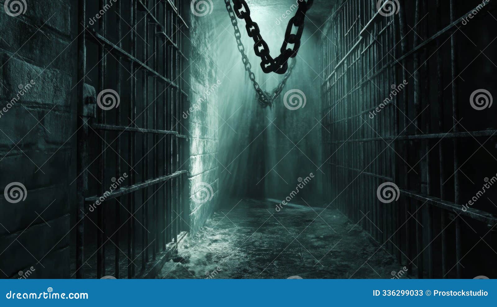 Dark and Eerie Jail Corridor with Water on the Floor and Chains Hanging ...