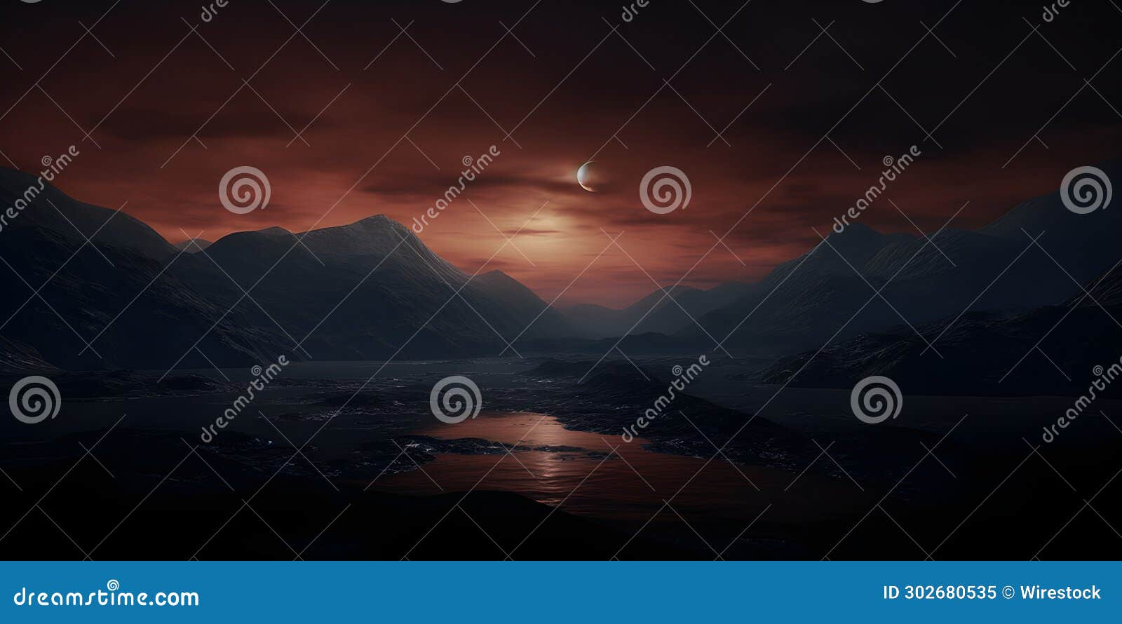 Dark Eerie Landscape Featuring the Mountains and Valley during a Lunar ...