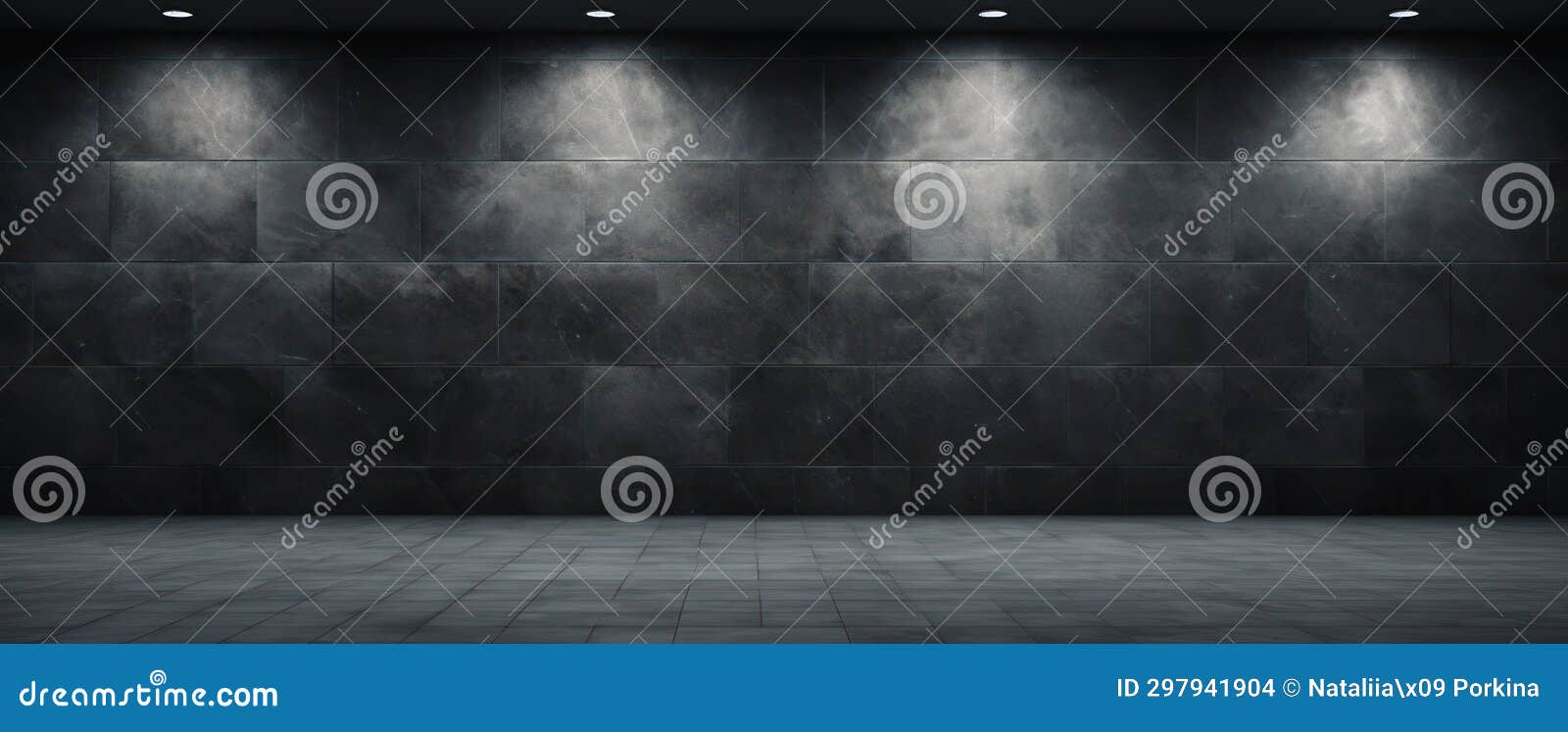 Dark Empty Loft Room with Black Brick Wall, Tile Floor and Spotlights ...