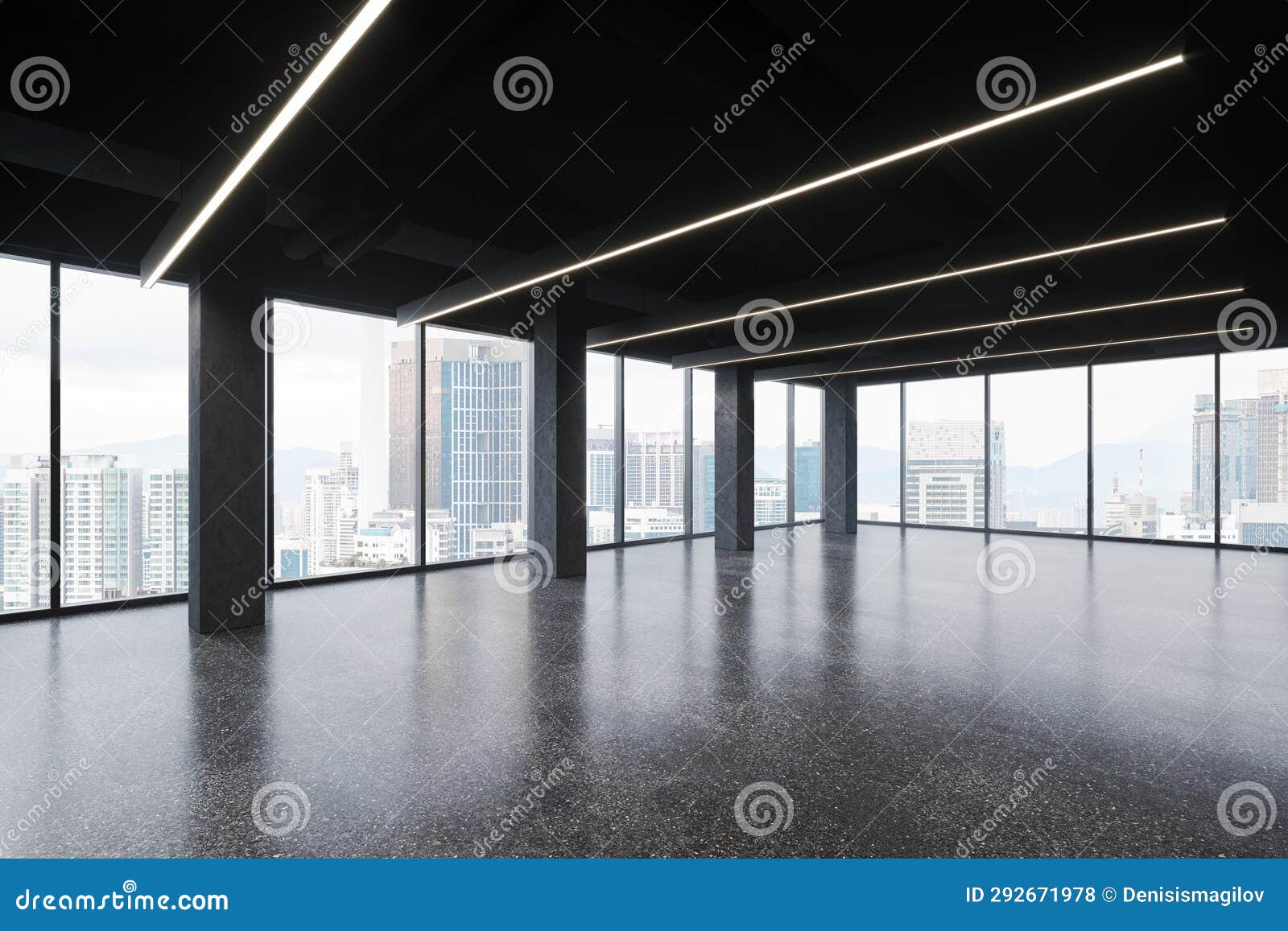 Dark Empty Office Interior with Columns and Lamps, Panoramic Window ...