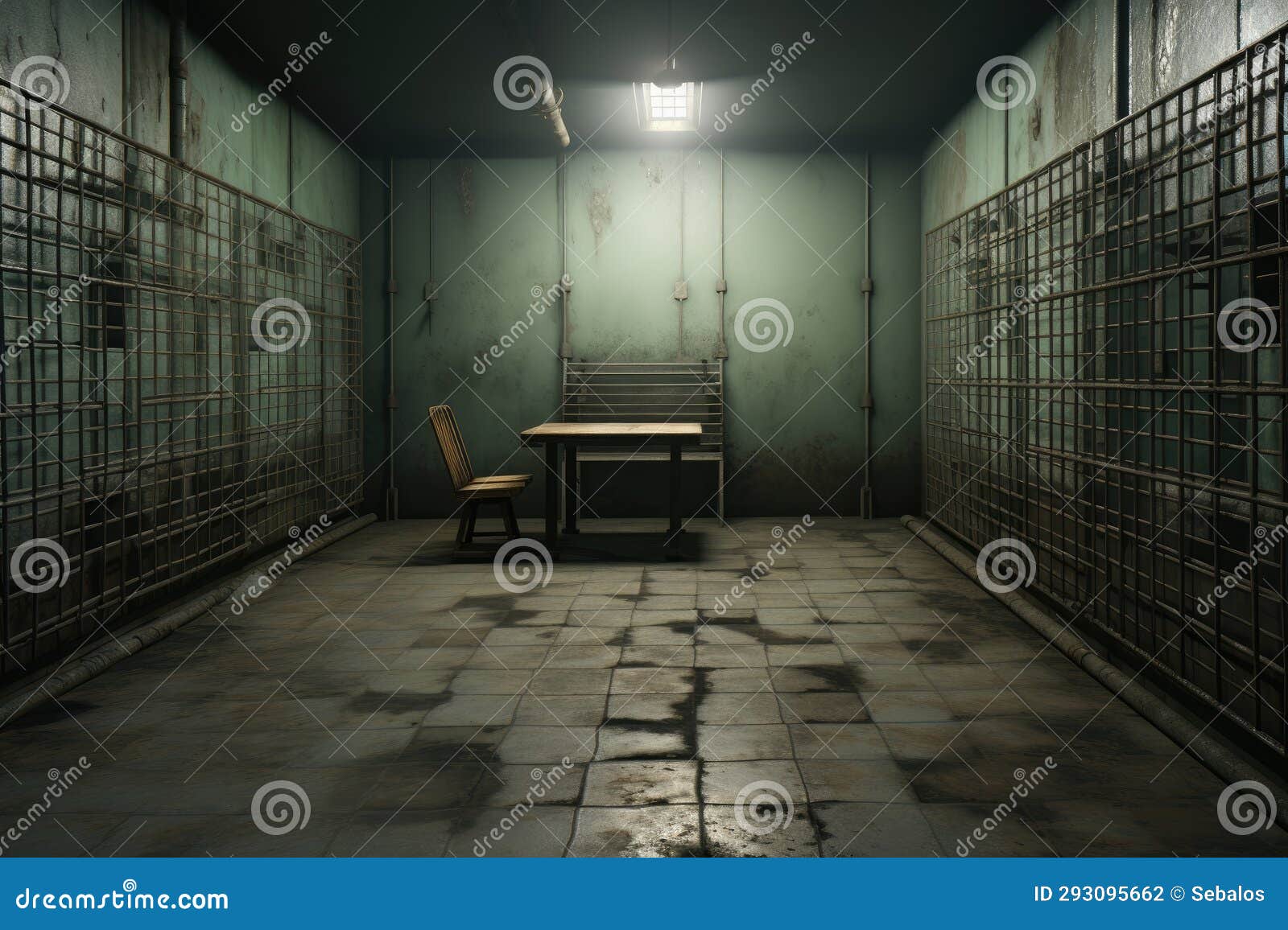 A Dark, Empty Prison Cell with a Chair and Table Stock Illustration ...