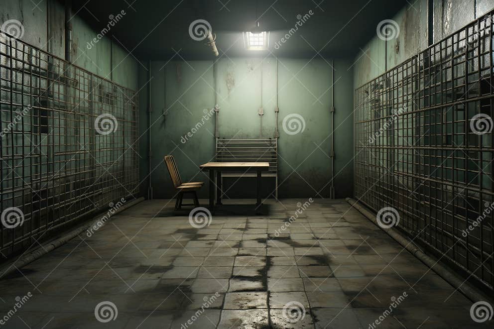 A Dark, Empty Prison Cell with a Chair and Table Stock Illustration ...