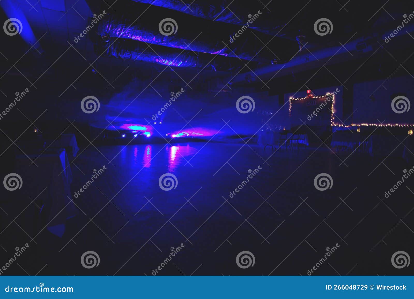 Dark Empty Venue with Decorated Tables and Lights Stock Image - Image ...