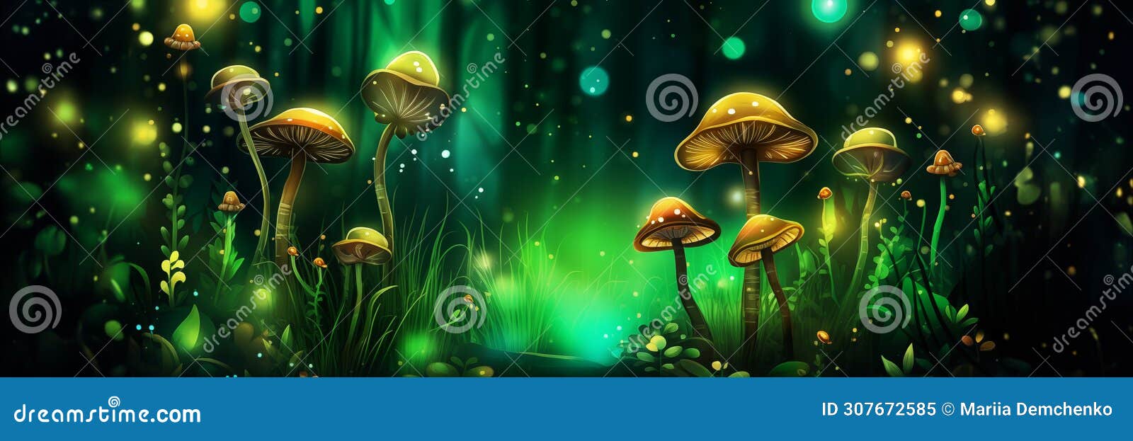 Dark Enchanted Forest Banner with Glowing Mushrooms and Fireflies at ...
