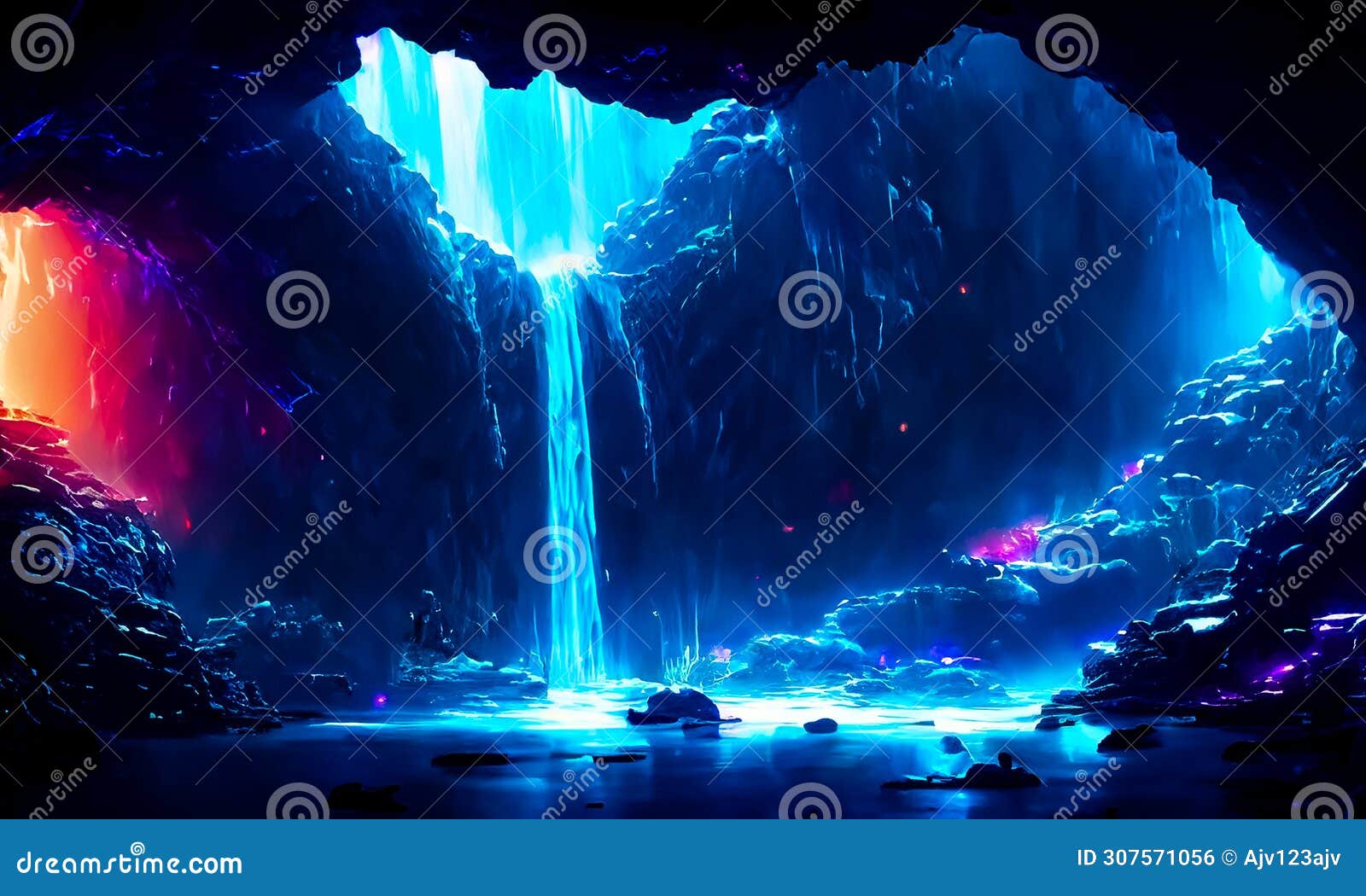 A Dark Enchanting Colourful Underground Cave with Waterfall and Dark ...