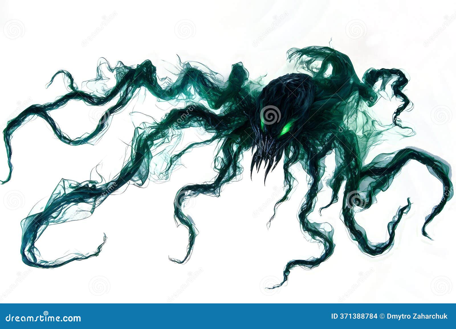 Dark Eldritch Horror Silhouette With Tentacles And Glowing Eyes On Neon Green Background Vector ...