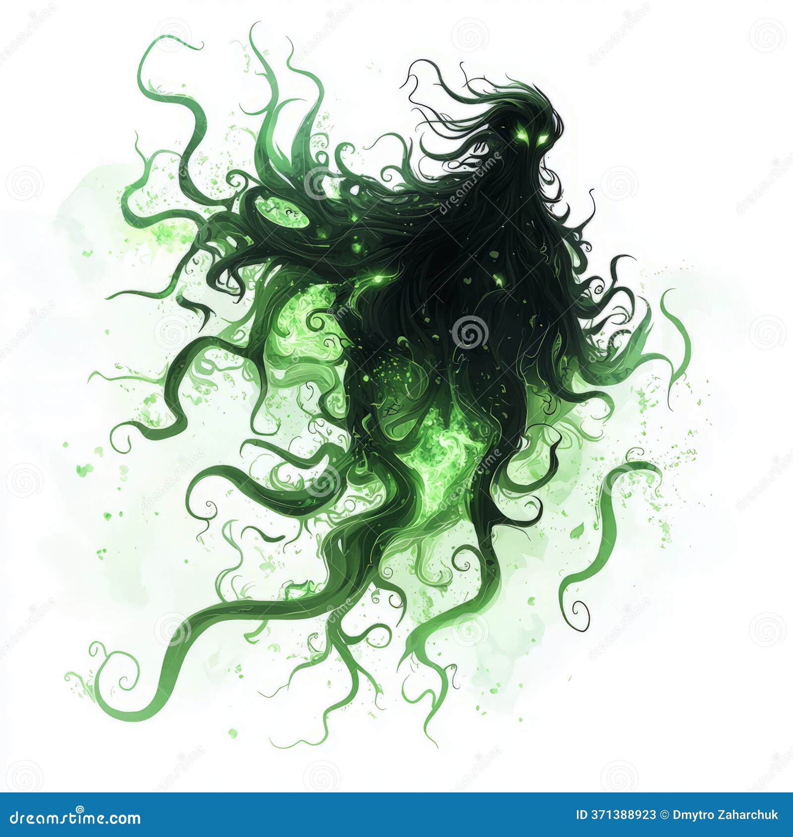 Dark Eldritch Horror Silhouette With Tentacles And Glowing Eyes On Neon Green Background Vector ...