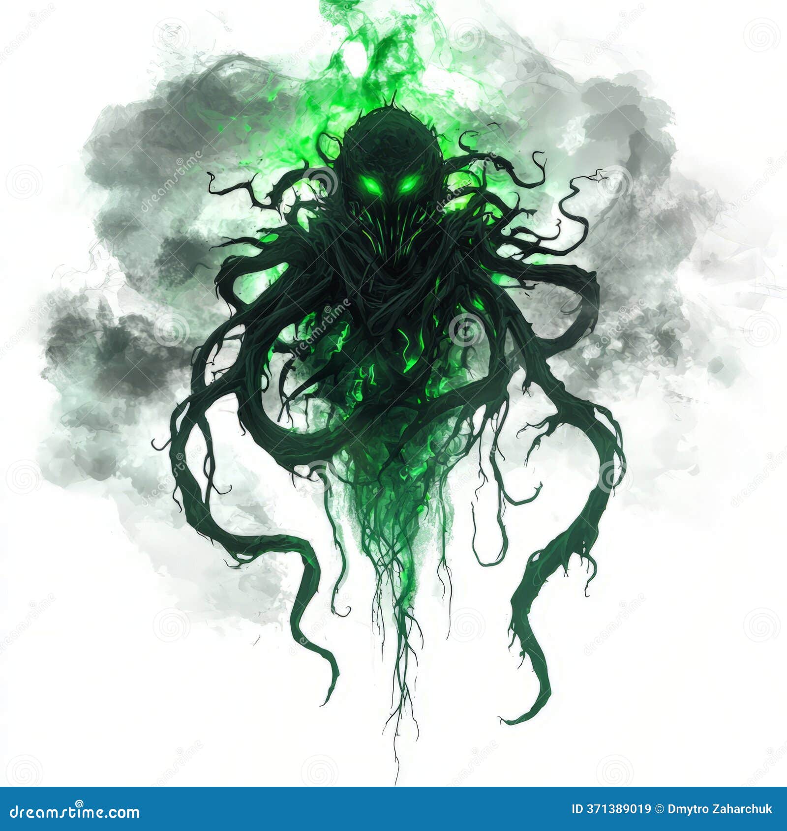 Dark Eldritch Horror Silhouette With Tentacles And Glowing Eyes On Neon Green Background Vector ...