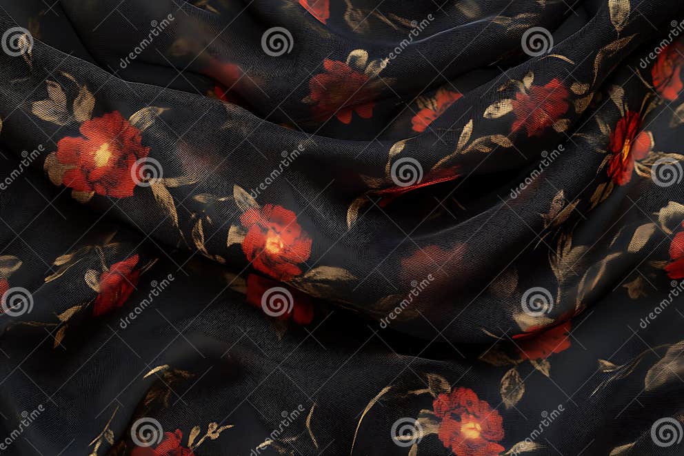 Dark Fabric with Red Roses Pattern, Draped Elegantly Stock Illustration ...