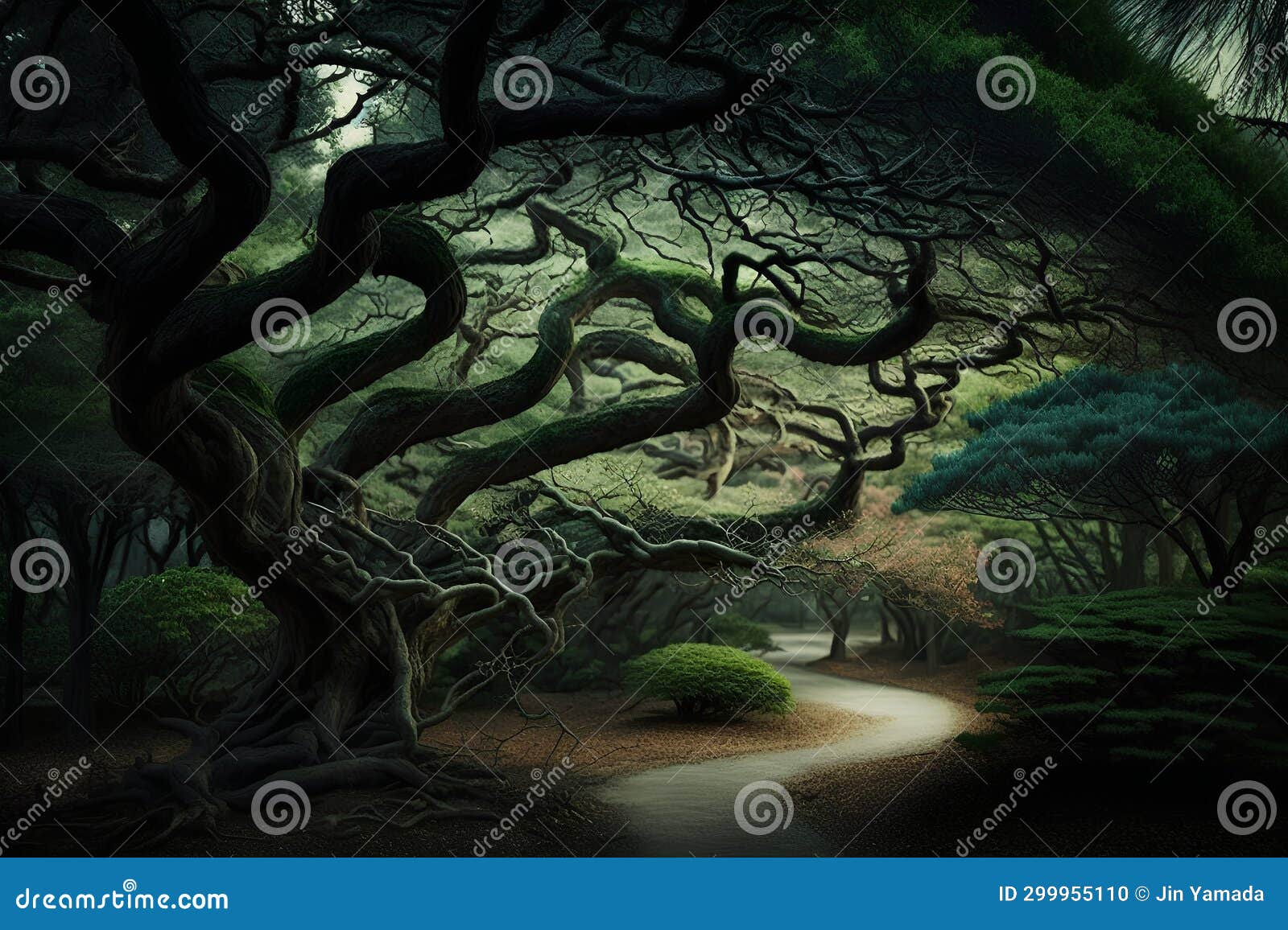 Dark Fantasy Forest with Old Tree and Path, 3d Render Illustration ...
