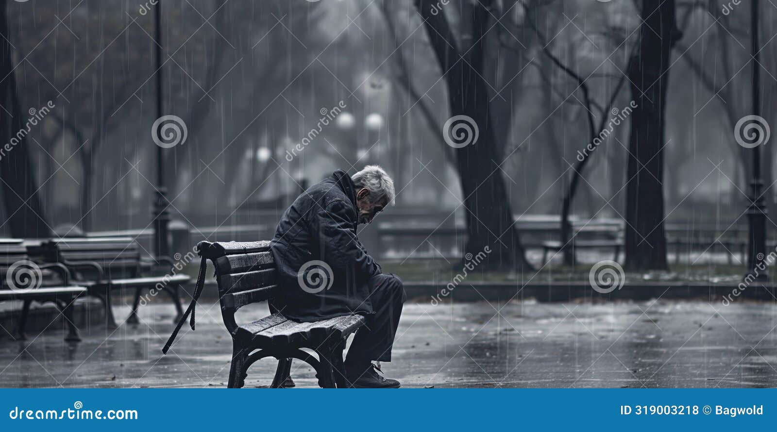 Elderly Man in Rain-Soaked Park, Symbolizing Isolation and Despair ...