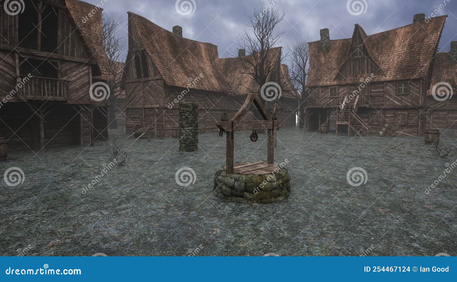 Dark Foreboding Empty Medieval Village with Wooden Buildings, Old Carts ...