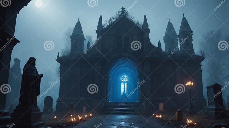 Dark and Foreboding Graveyard with Mysterious Light Stock Illustration ...