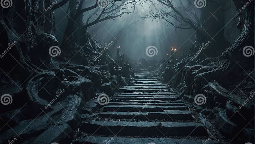 A Dark and Foreboding Pathway Lined with Ancient Trees and Stone Steps ...
